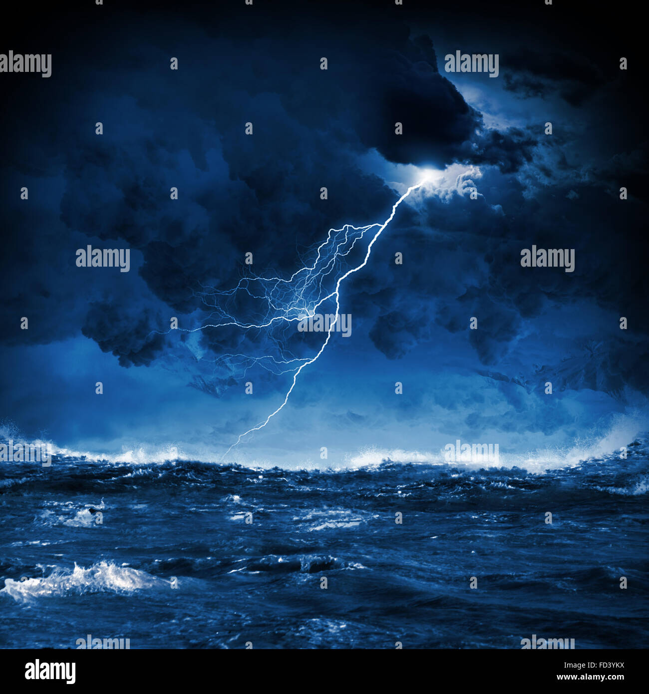 Image of night stormy sea with big waves and lightning Stock Photo - Alamy