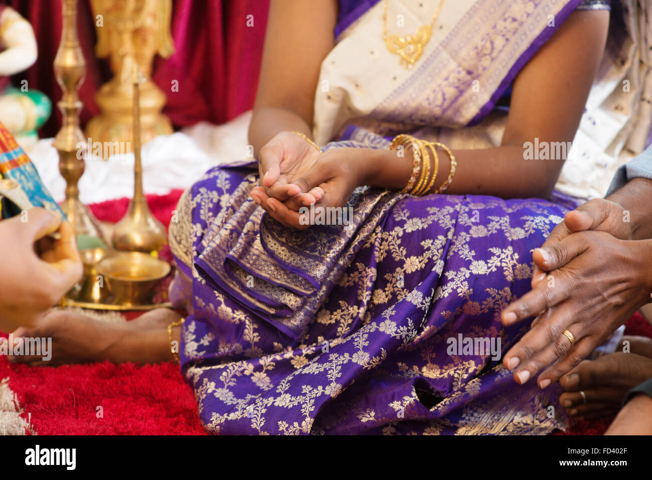Woman received prayers from priest. Traditional Indian Hindus religious ...