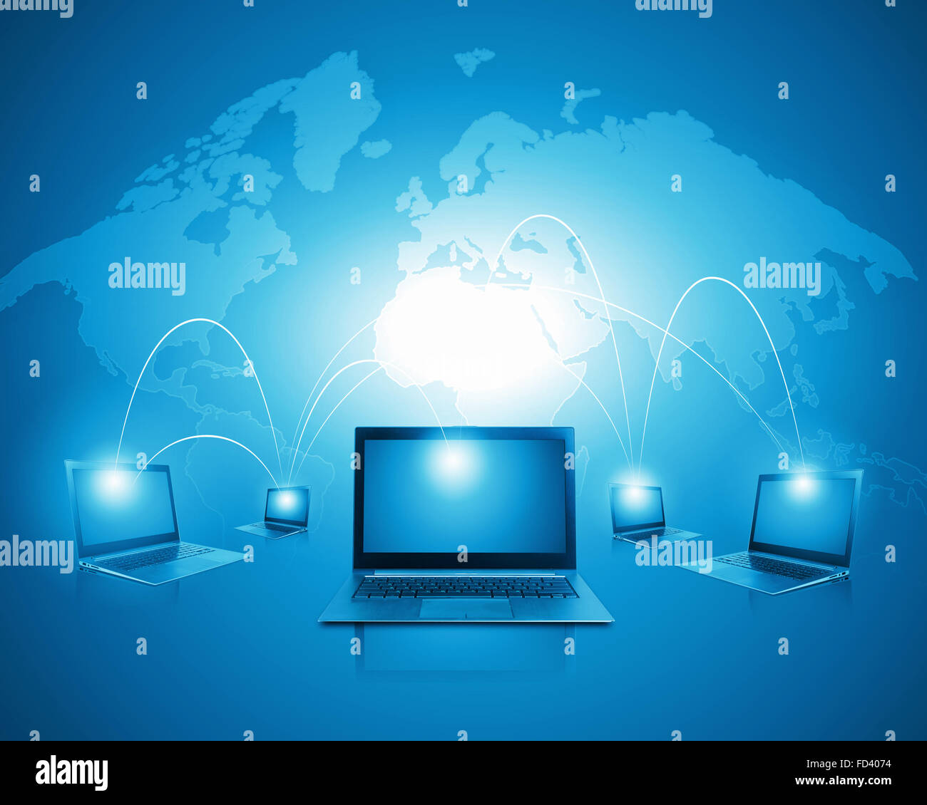 Laptops against world map background. Connection and cooperation Stock ...