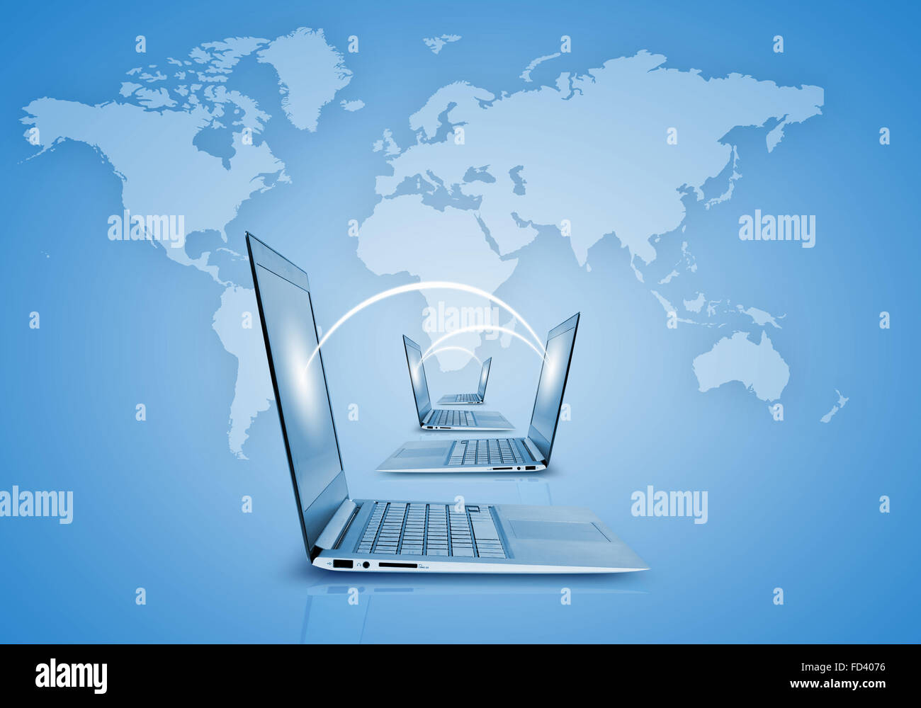 Laptops against world map background. Connection and cooperation Stock ...