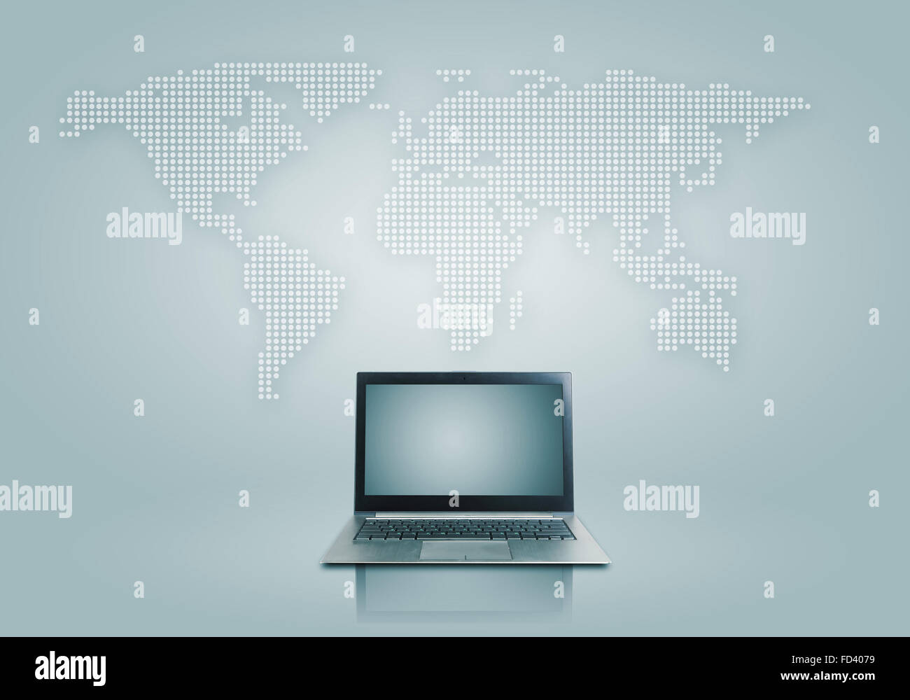 Laptops against world map background. Connection and cooperation Stock ...