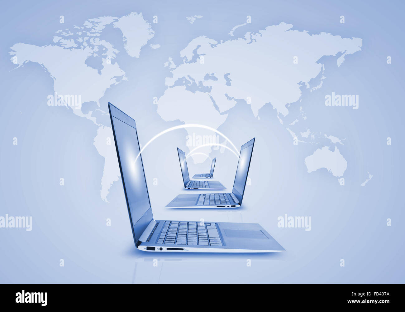 Laptops against world map background. Connection and cooperation Stock ...
