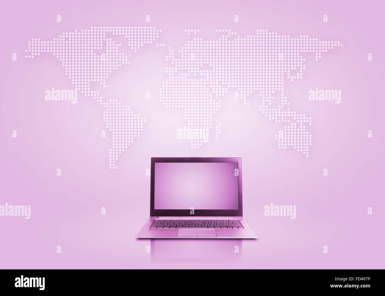 Laptops against world map background. Connection and cooperation Stock ...