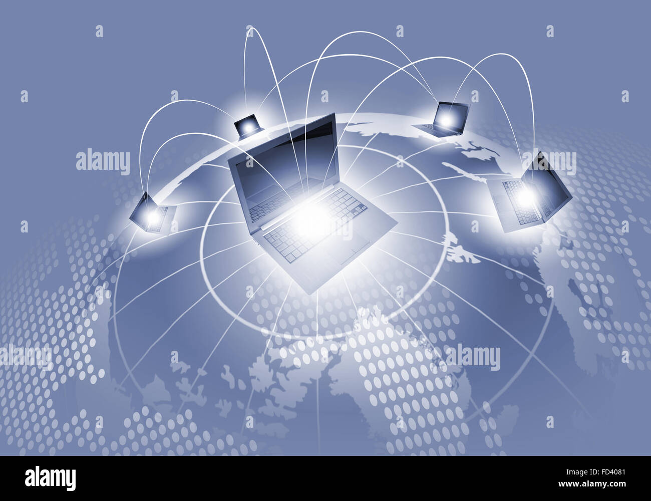 Laptops against world map background. Connection and cooperation Stock ...