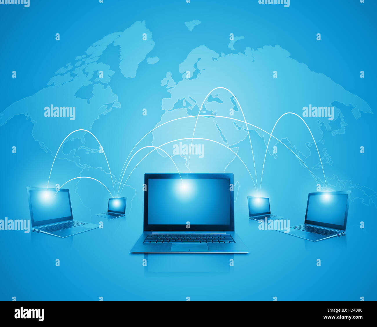 Laptops against world map background. Connection and cooperation Stock ...