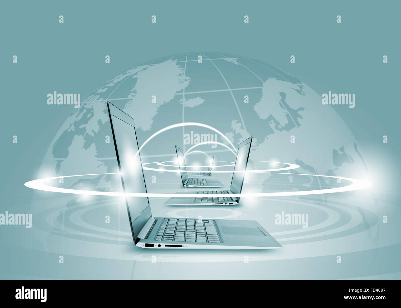 Laptops against world map background. Connection and cooperation Stock ...