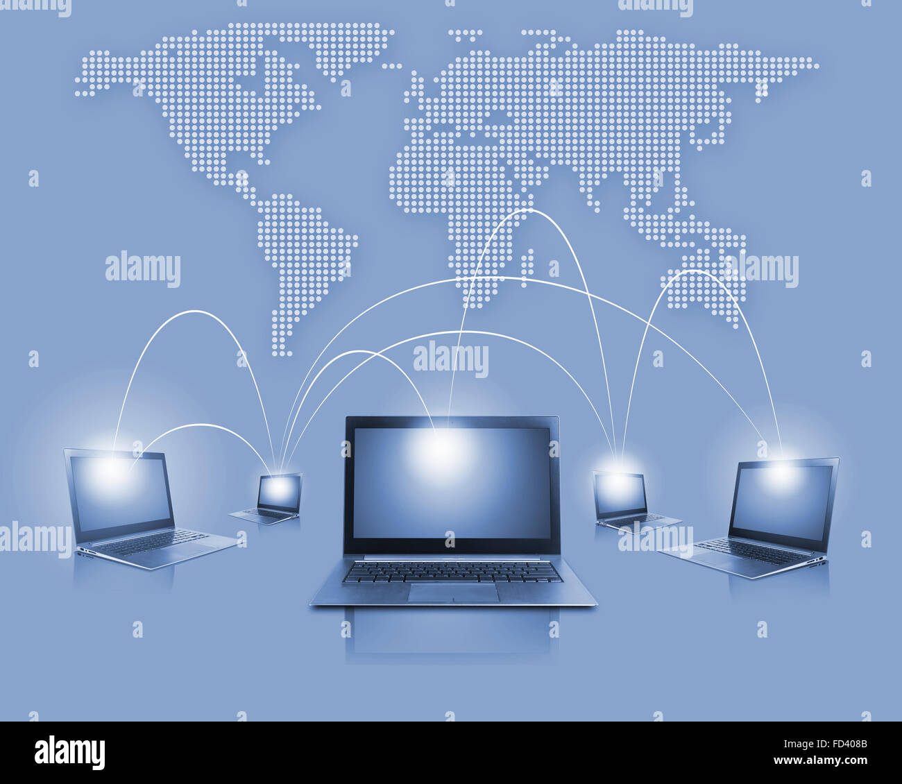 Laptops against world map background. Connection and cooperation Stock ...