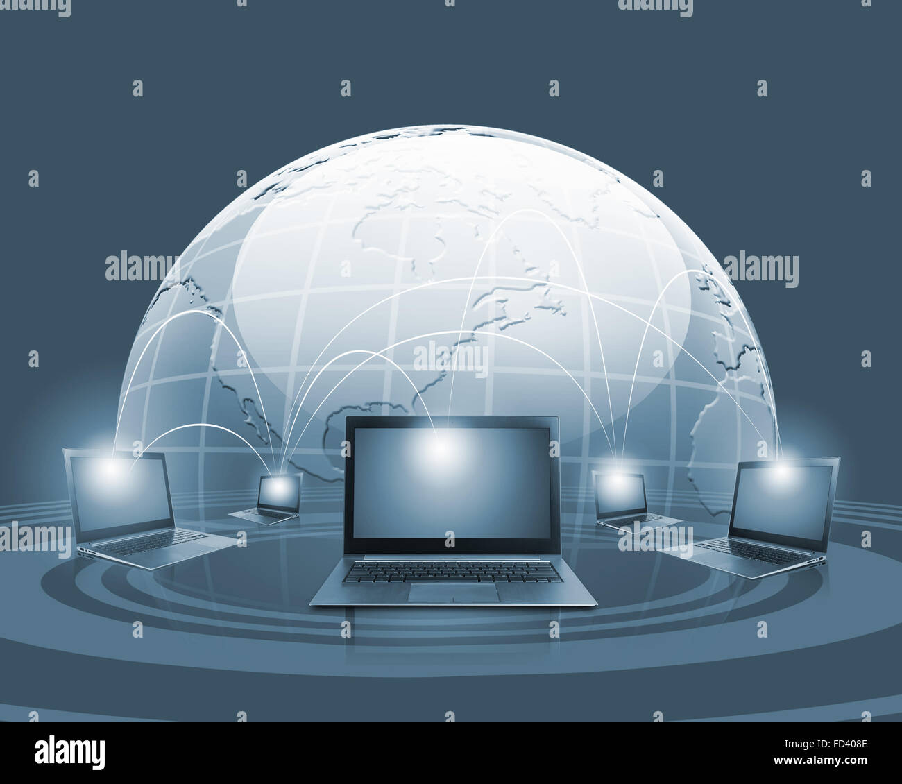 Laptops against world map background. Connection and cooperation Stock ...