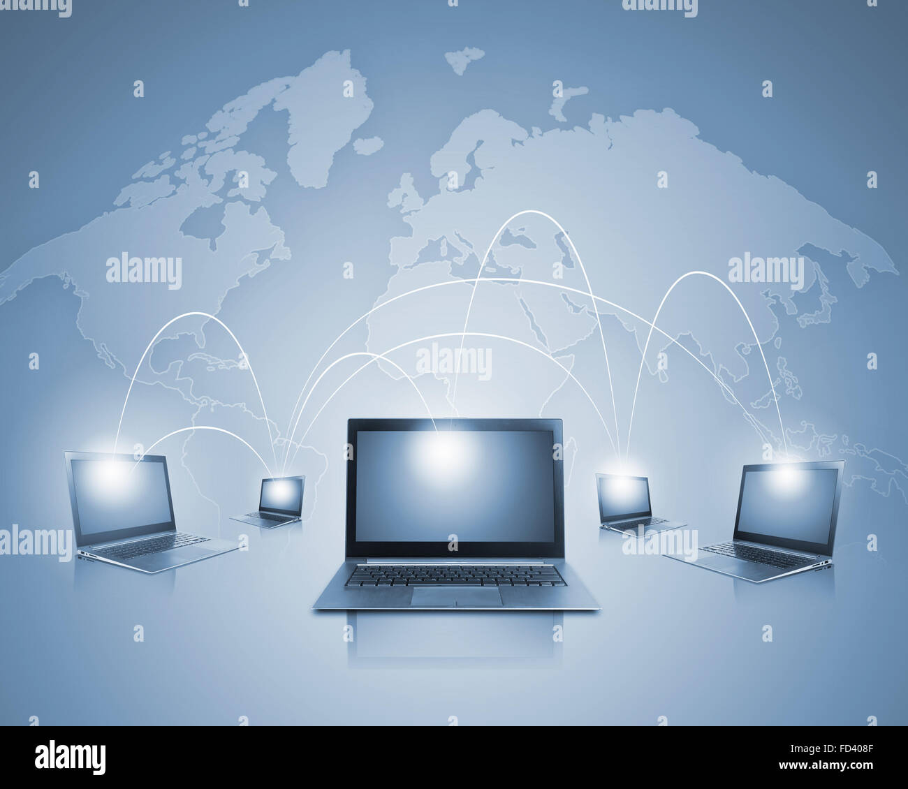 Laptops against world map background. Connection and cooperation Stock ...