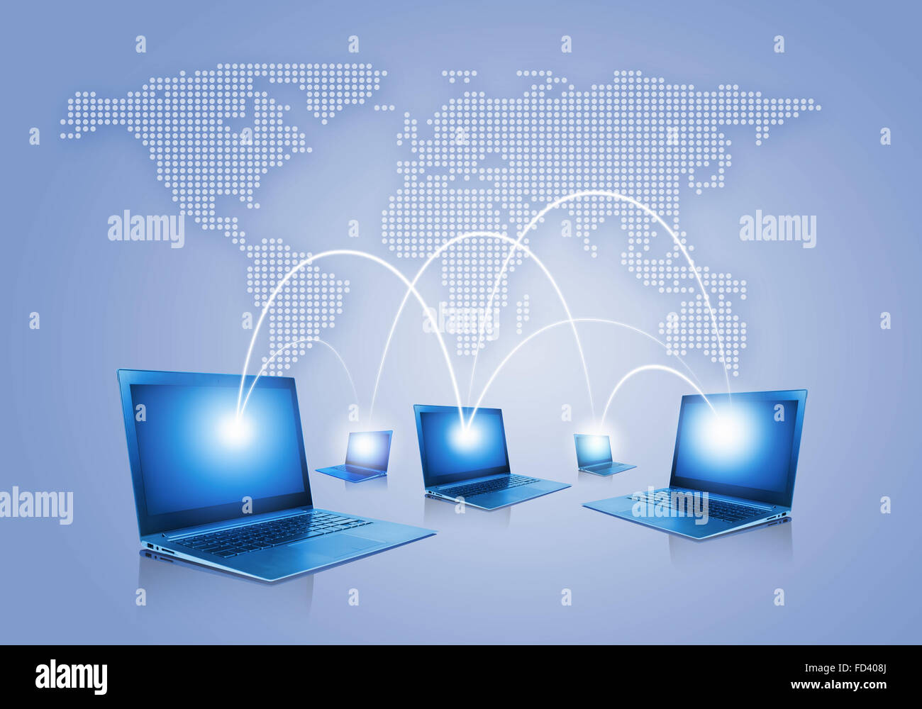 Laptops against world map background. Connection and cooperation Stock ...