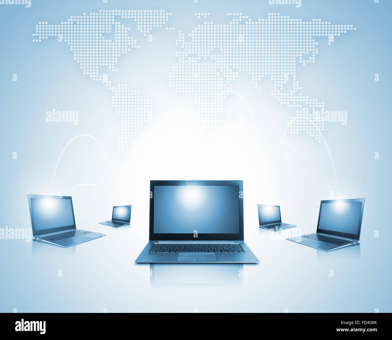 Laptops against world map background. Connection and cooperation Stock ...