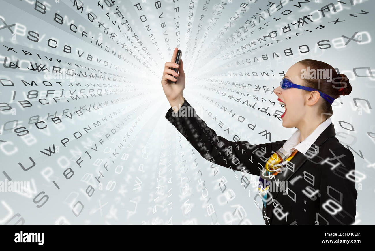 Angry businesswoman screaming aggressively in mobile phone Stock Photo ...