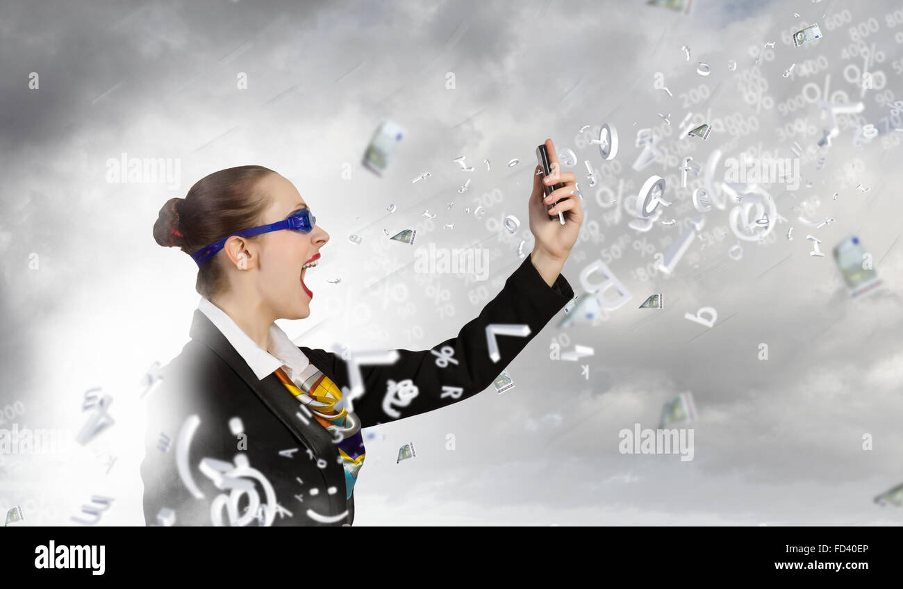 Angry businesswoman screaming aggressively in mobile phone Stock Photo ...