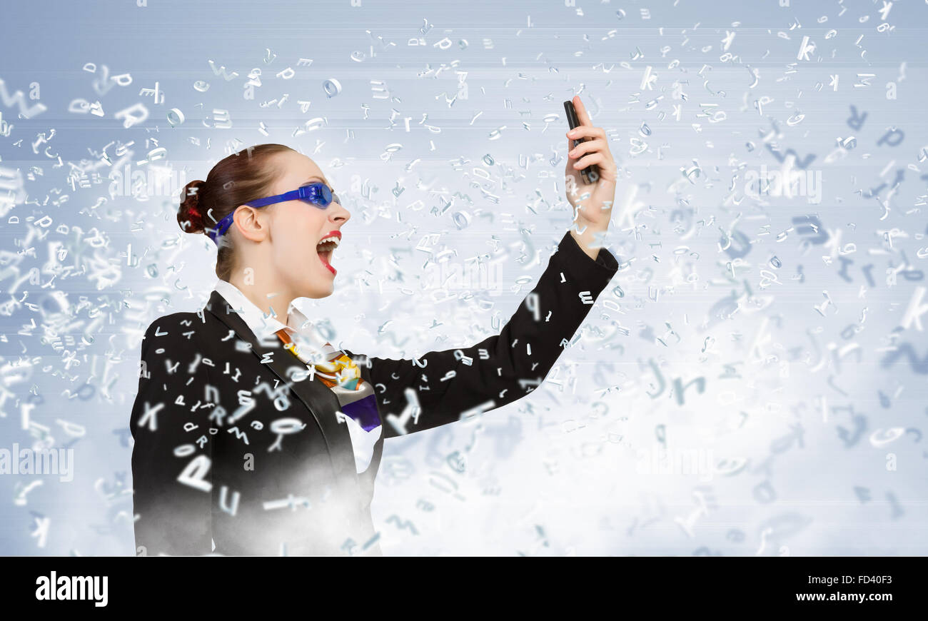 Angry businesswoman screaming aggressively in mobile phone Stock Photo ...