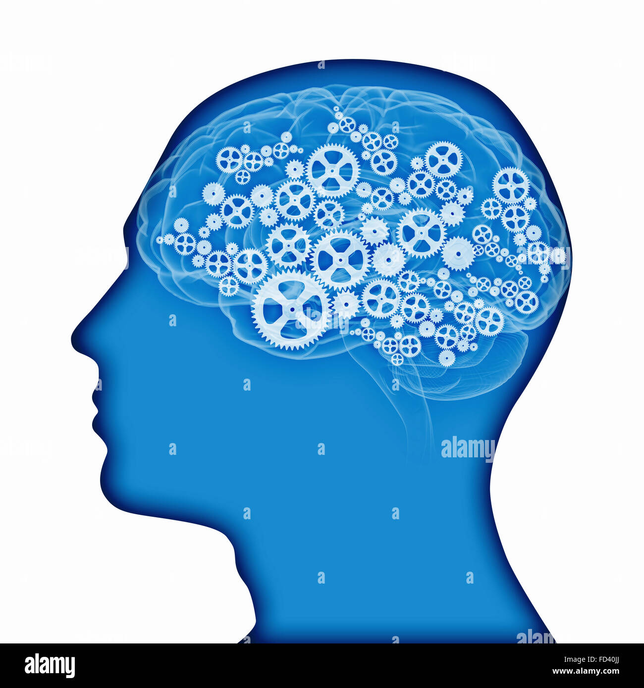 Human head silhouette with gears and cog wheel elements against white ...