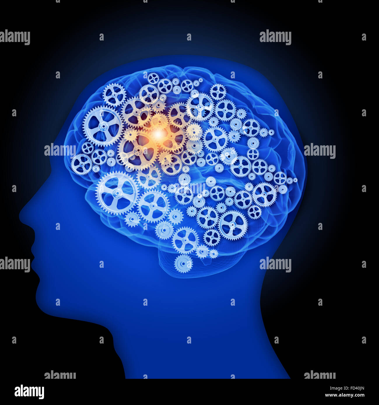 Human head silhouette with gears and cog wheel elements against black ...