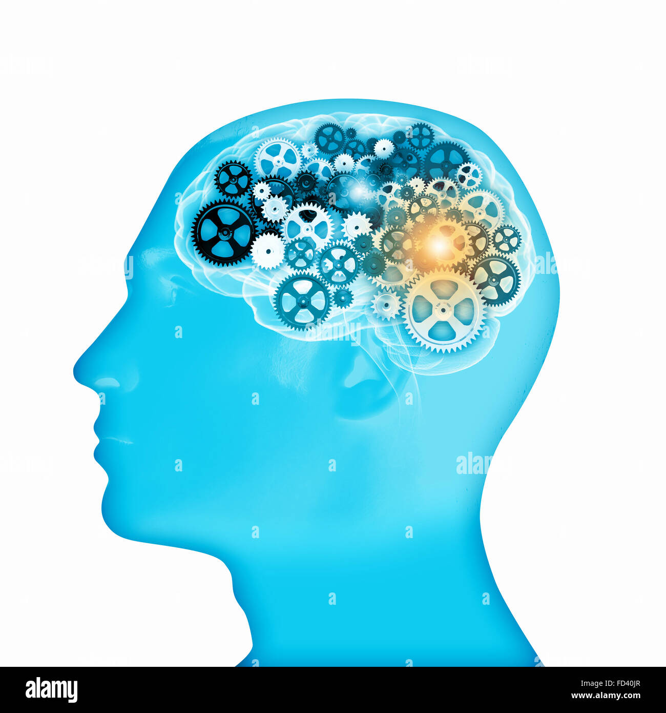 Human head silhouette with gears and cog wheel elements against white ...