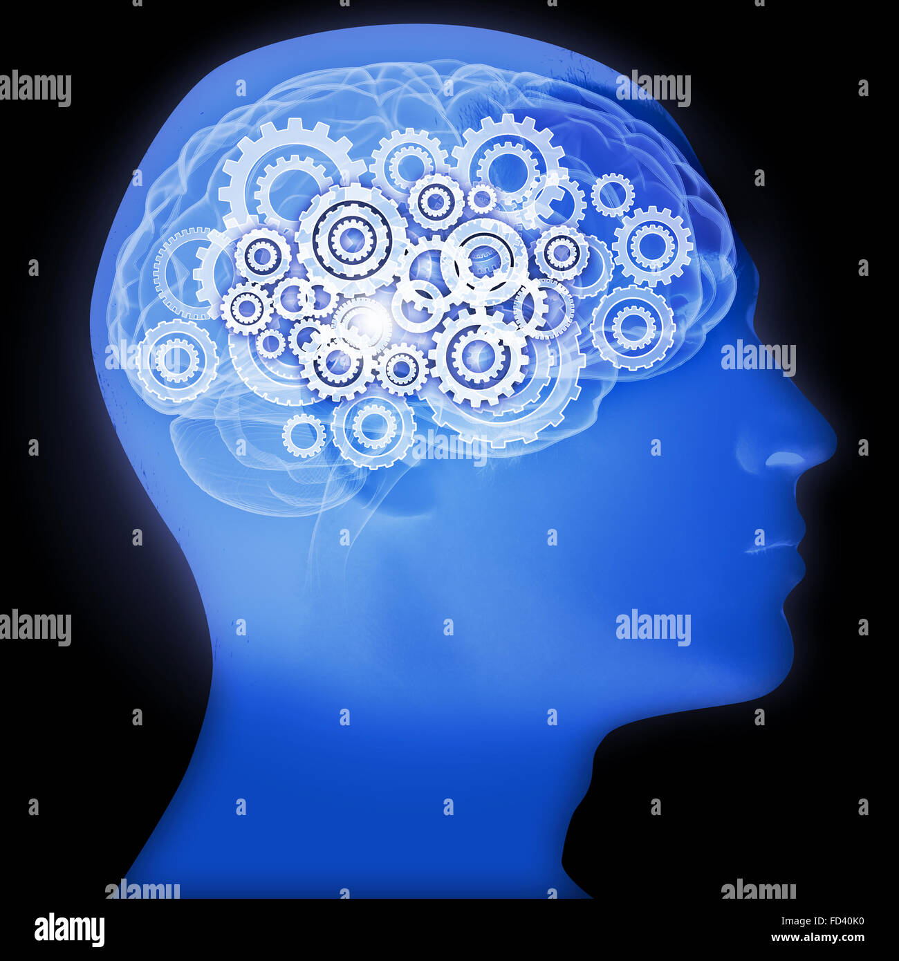 Human head silhouette with gears and cog wheel elements against black ...