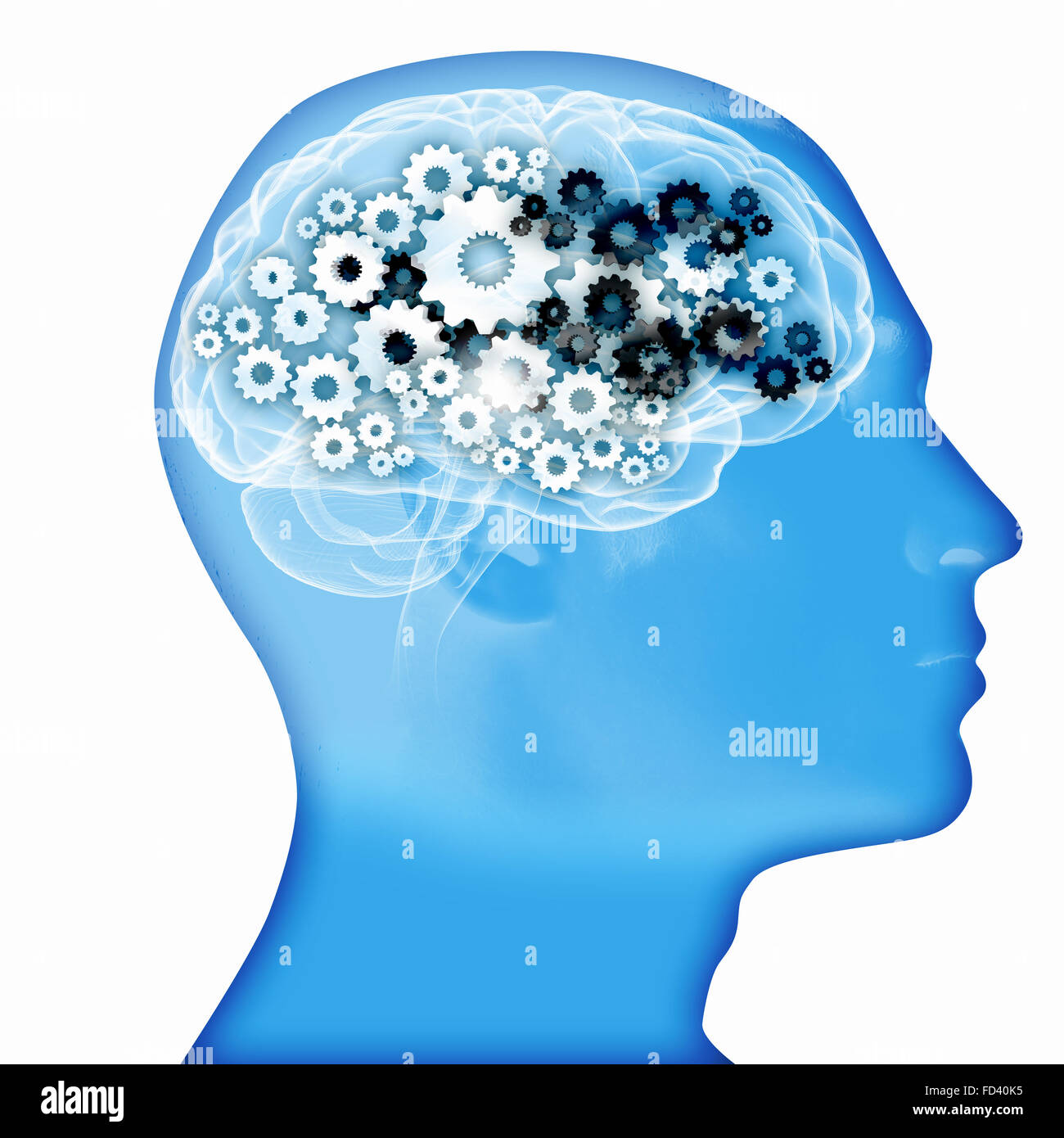 Human head silhouette with gears and cog wheel elements against white ...