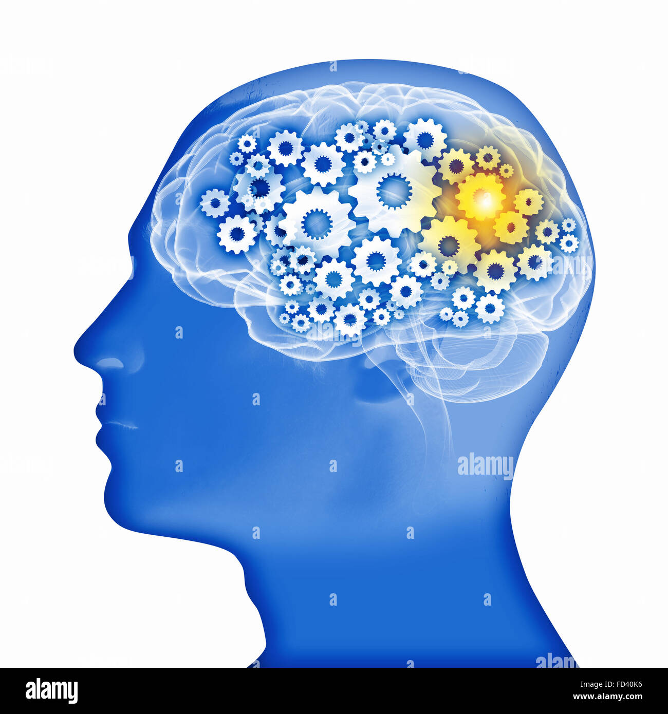 Human head silhouette with gears and cog wheel elements against white ...