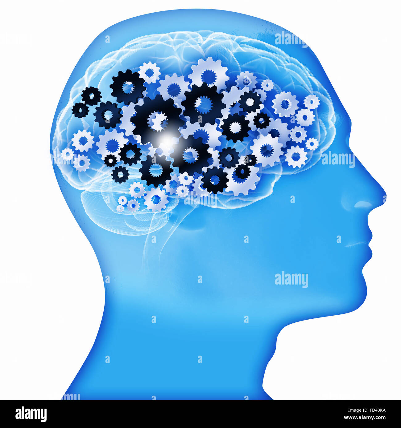 Human head silhouette with gears and cog wheel elements against white ...