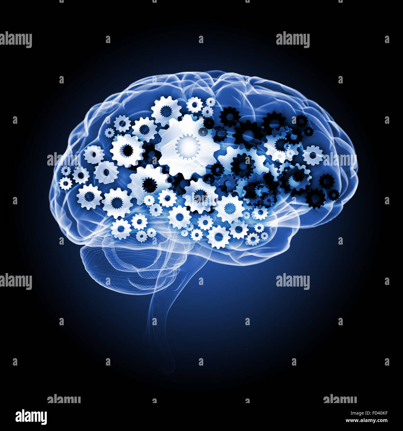 Human brain silhouette with gears and cog wheel elements against black ...