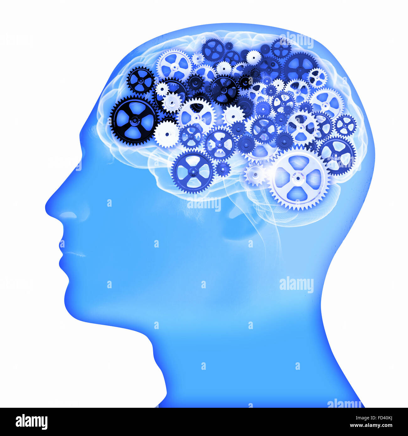 Human head silhouette with gears and cog wheel elements against white ...