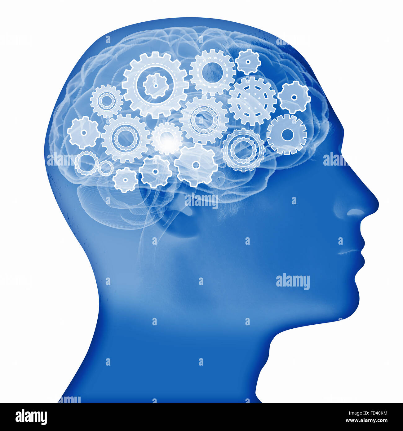 Human head silhouette with gears and cog wheel elements against white ...