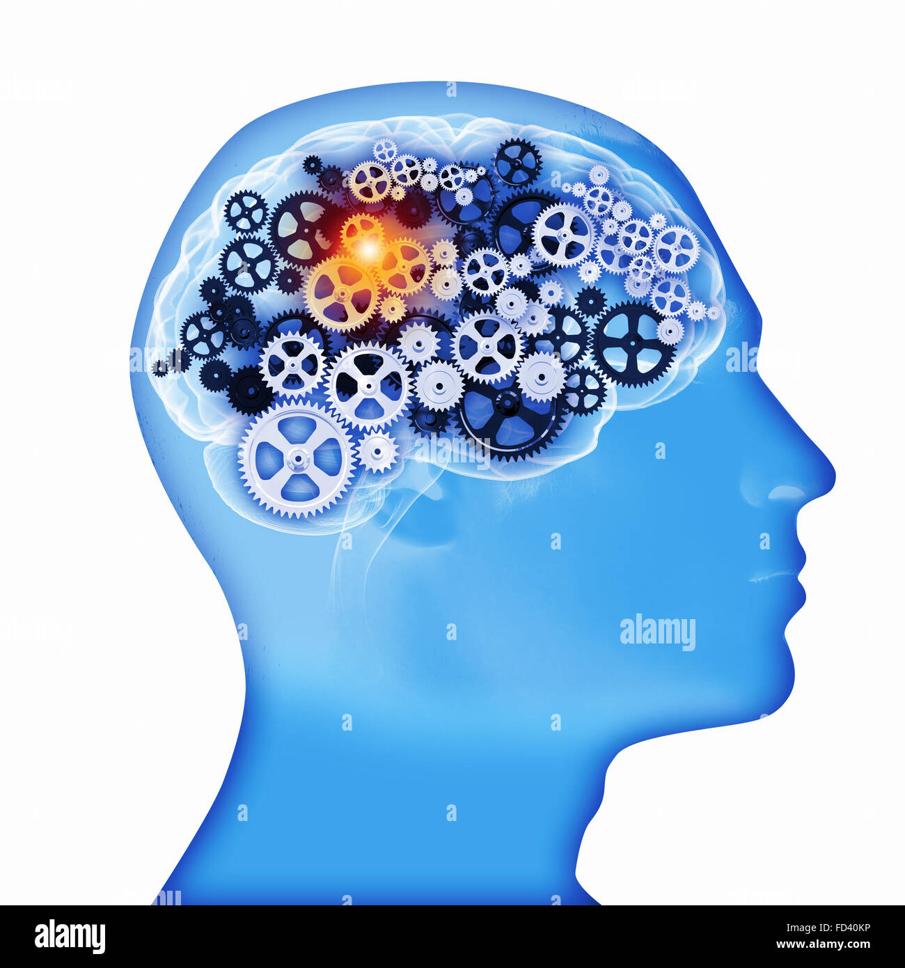 Human head silhouette with gears and cog wheel elements against white ...