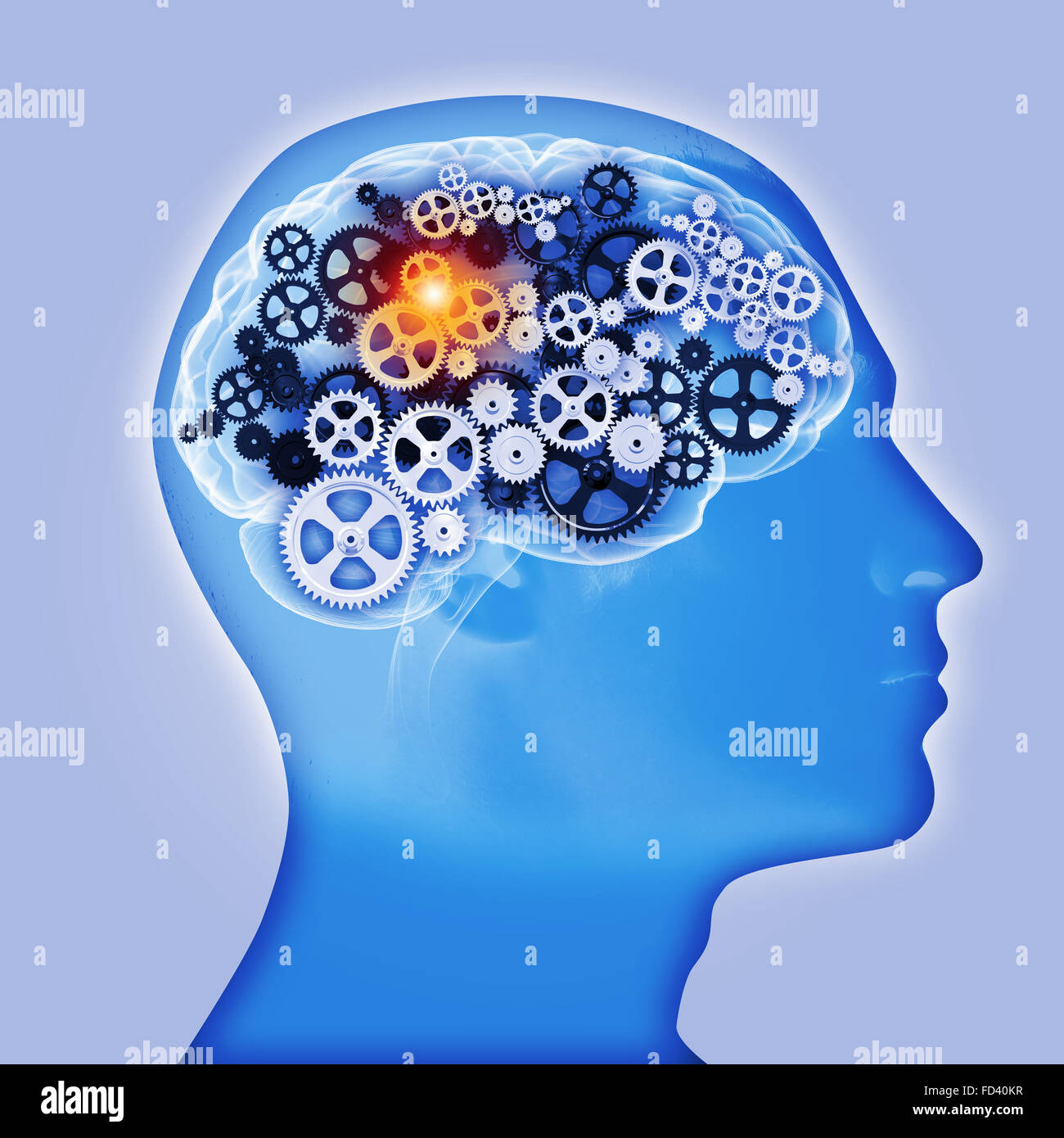 Human head silhouette with gears and cog wheel elements against white ...