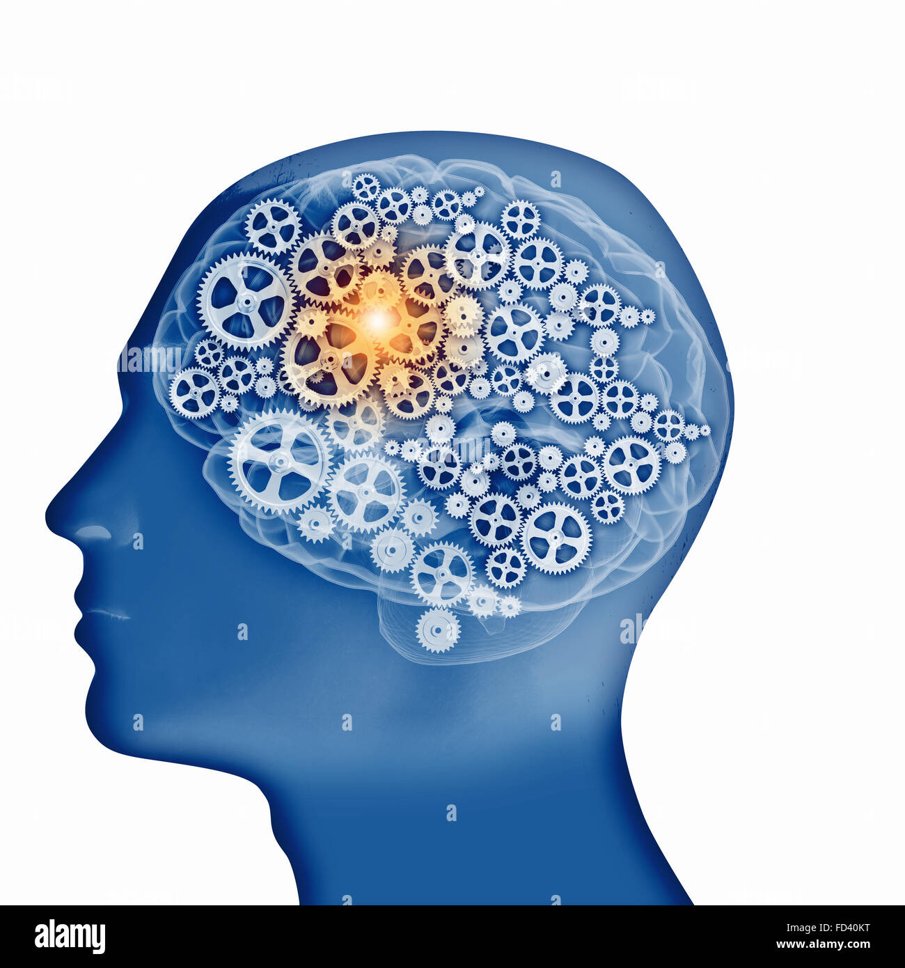 Human head silhouette with gears and cog wheel elements against white ...