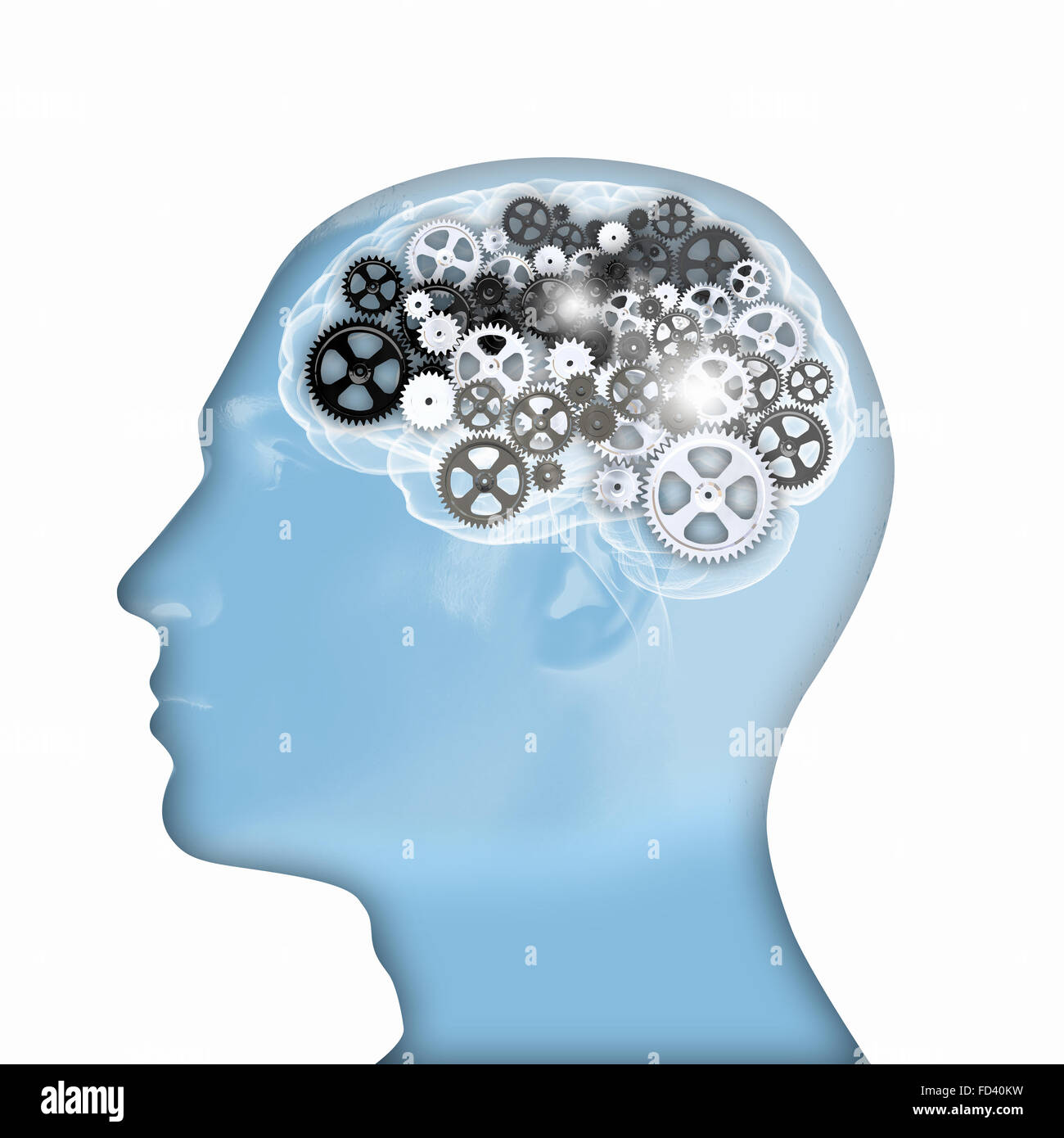 Human head silhouette with gears and cog wheel elements against white ...