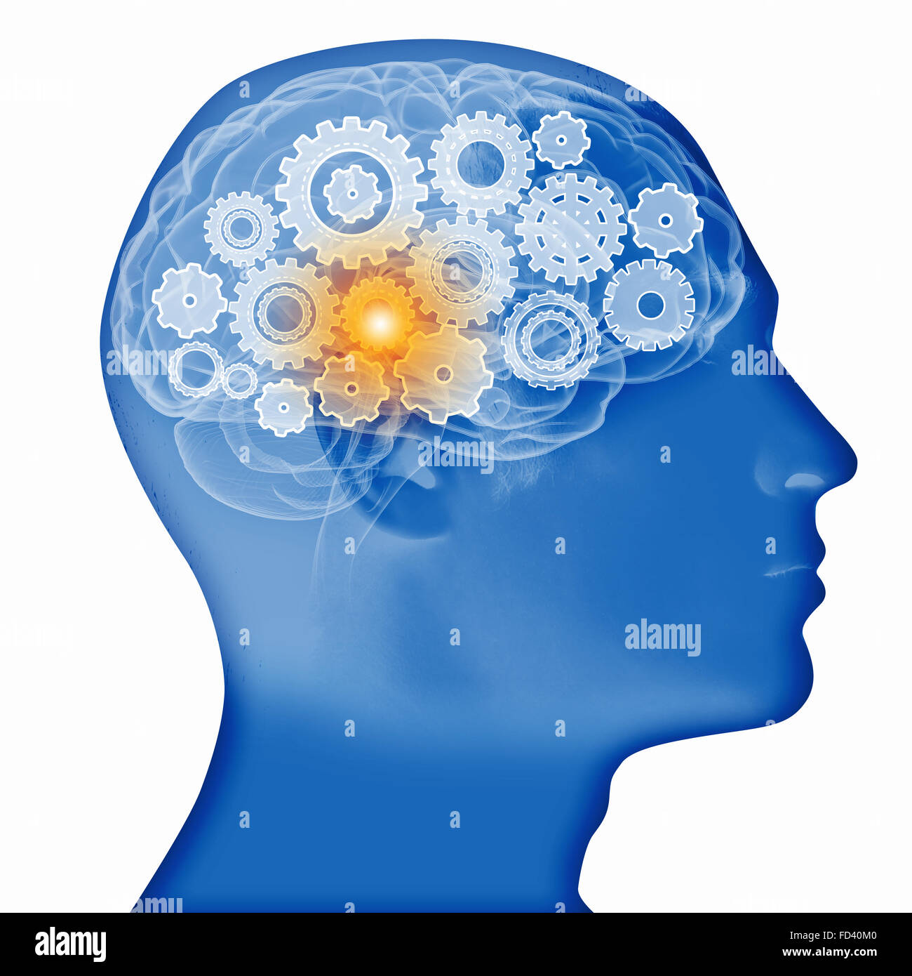 Human head silhouette with gears and cog wheel elements against white ...