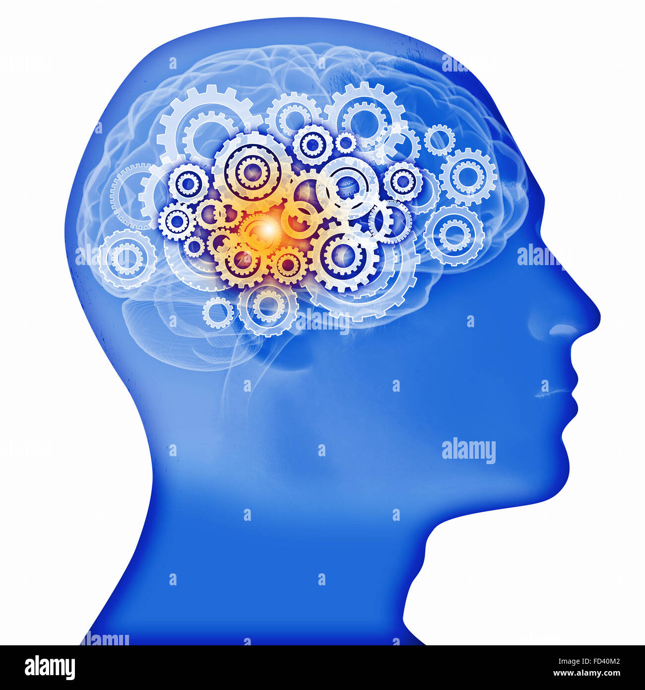 Human head silhouette with gears and cog wheel elements against white ...