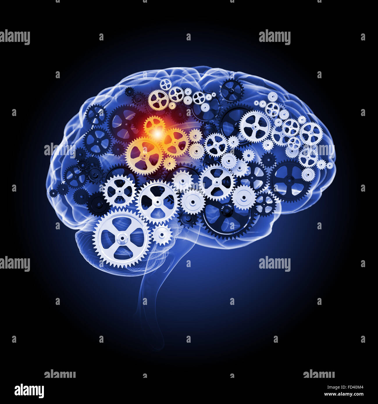 Human brain silhouette with gears and cog wheel elements against black ...