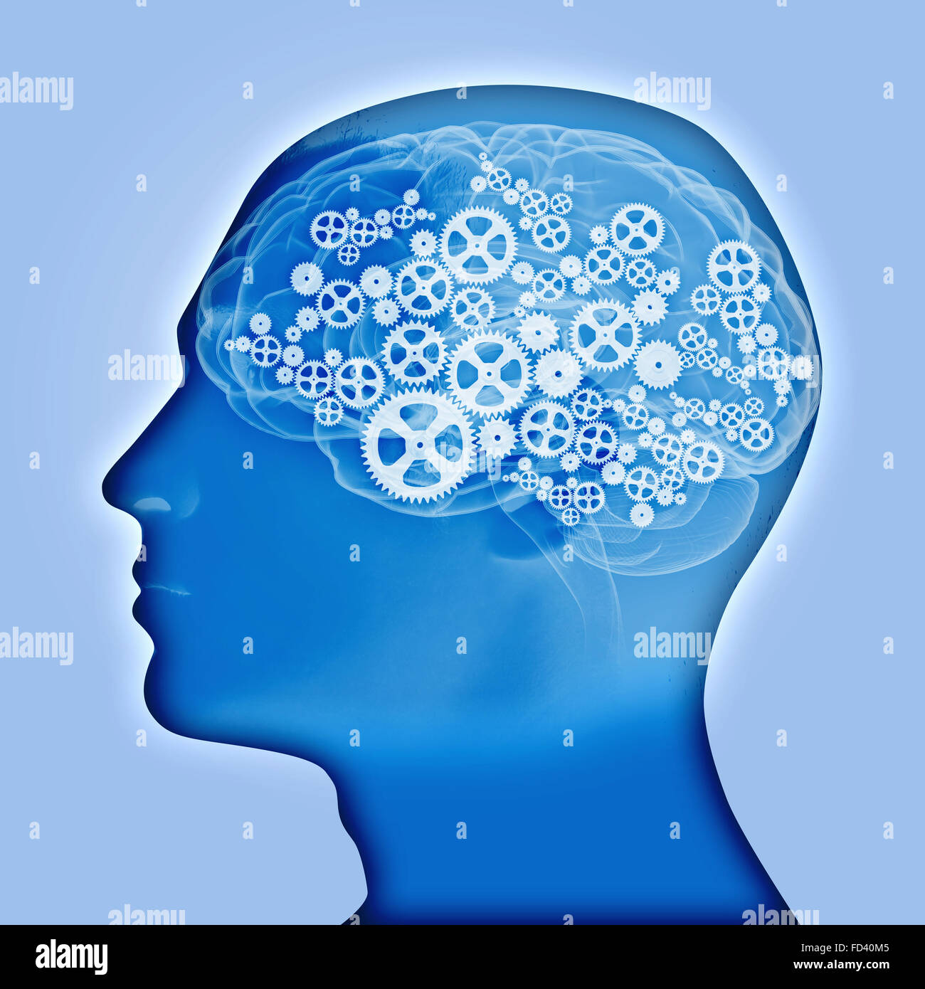 Human head silhouette with gears and cog wheel elements against white ...