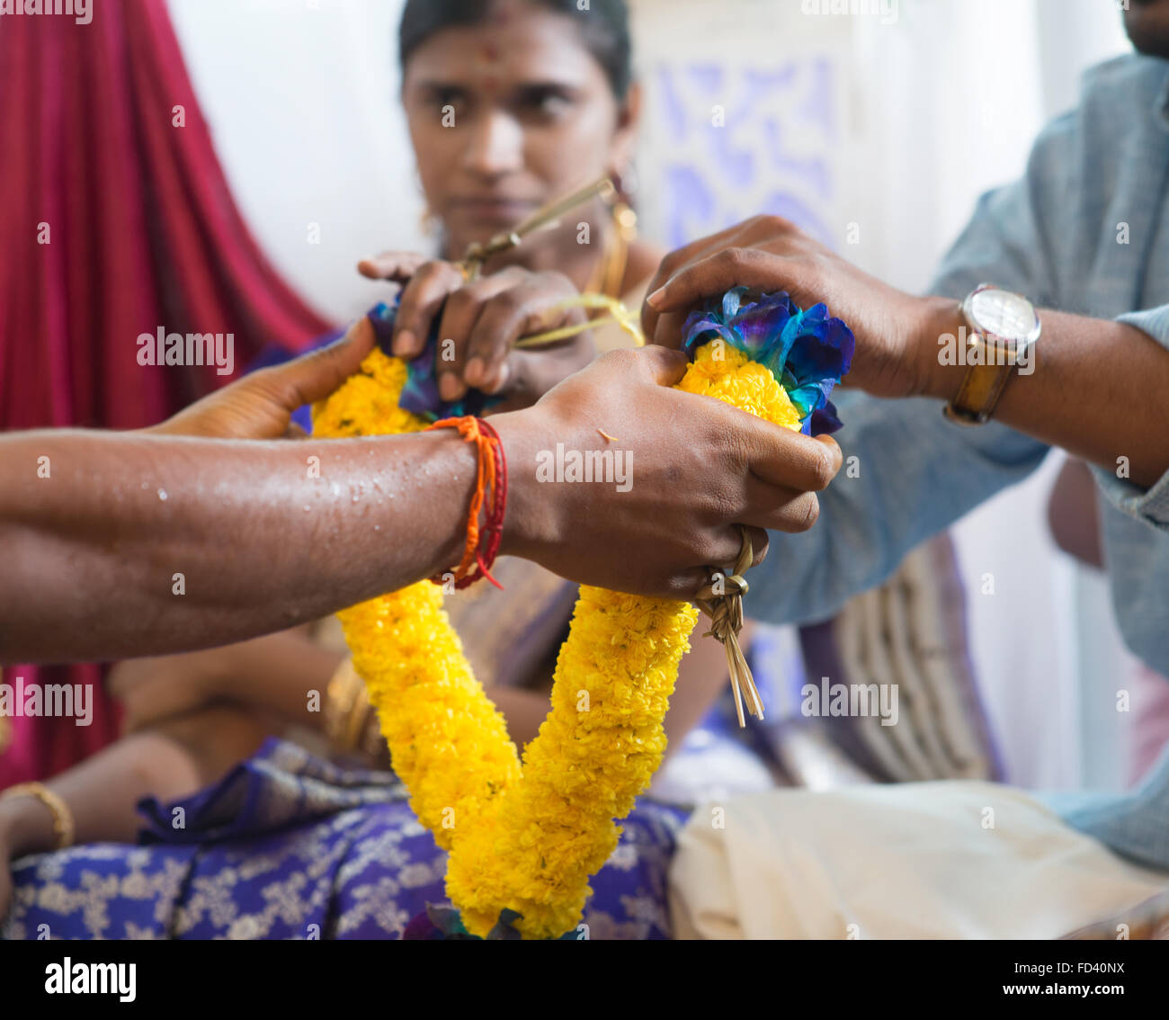 People received flower garland from priest. Traditional Indian Hindus ...
