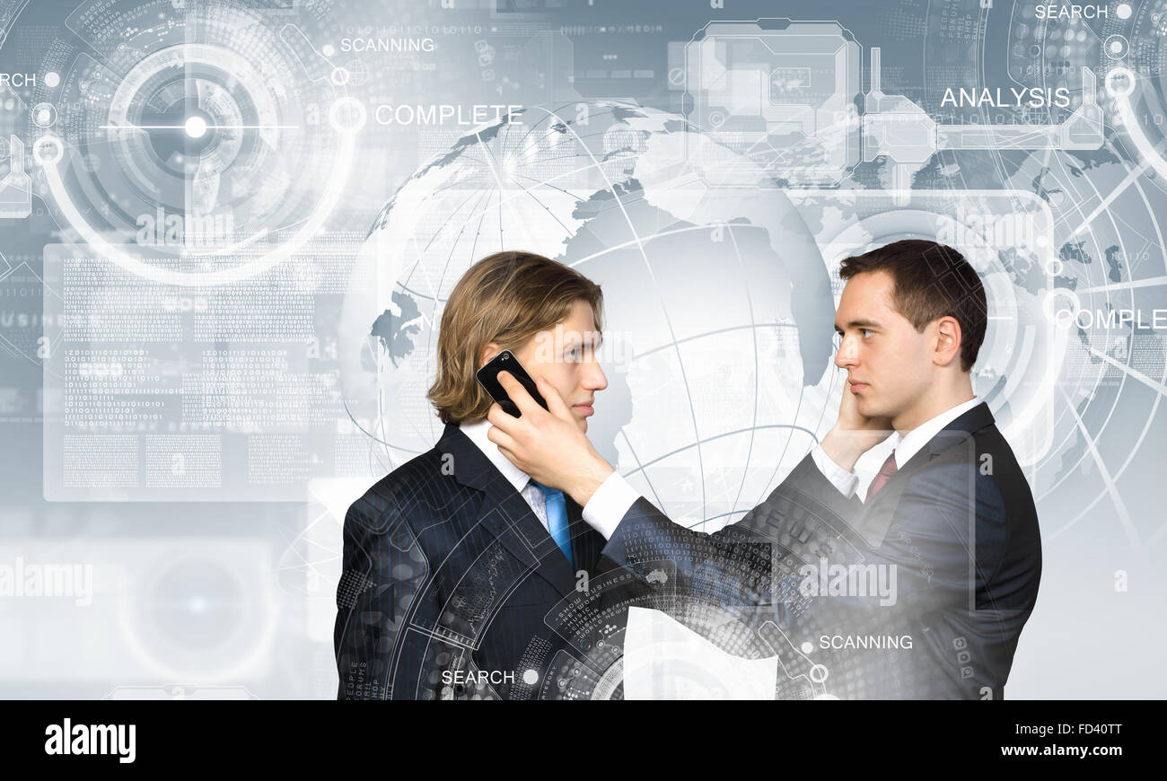 Two businessmen talking on mobile phone. Cooperation concept Stock ...