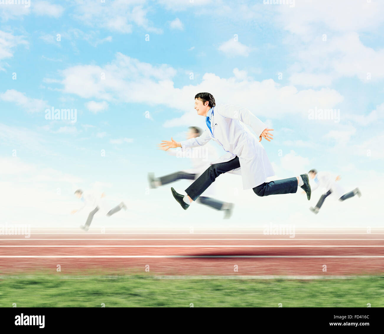 Funny image of young running doctor in white uniform Stock Photo - Alamy