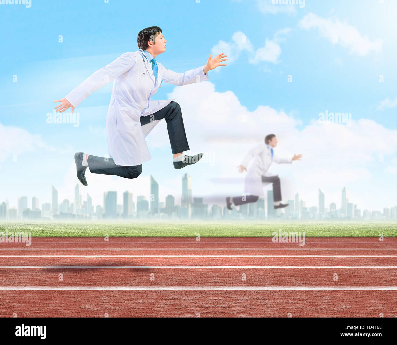 Funny image of young running doctor in white uniform Stock Photo - Alamy