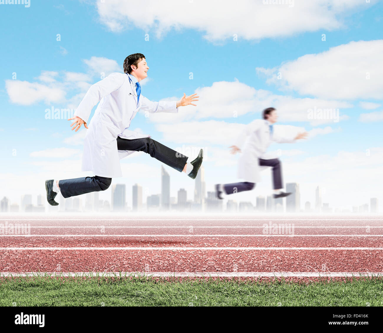 Funny image of young running doctor in white uniform Stock Photo - Alamy