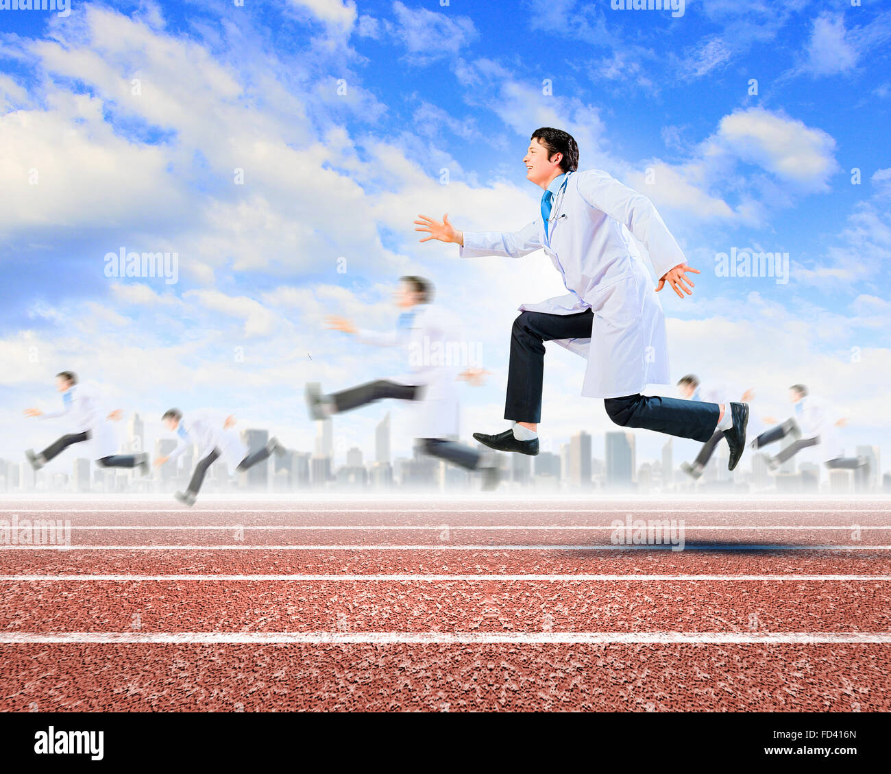 Funny image of young running doctor in white uniform Stock Photo - Alamy