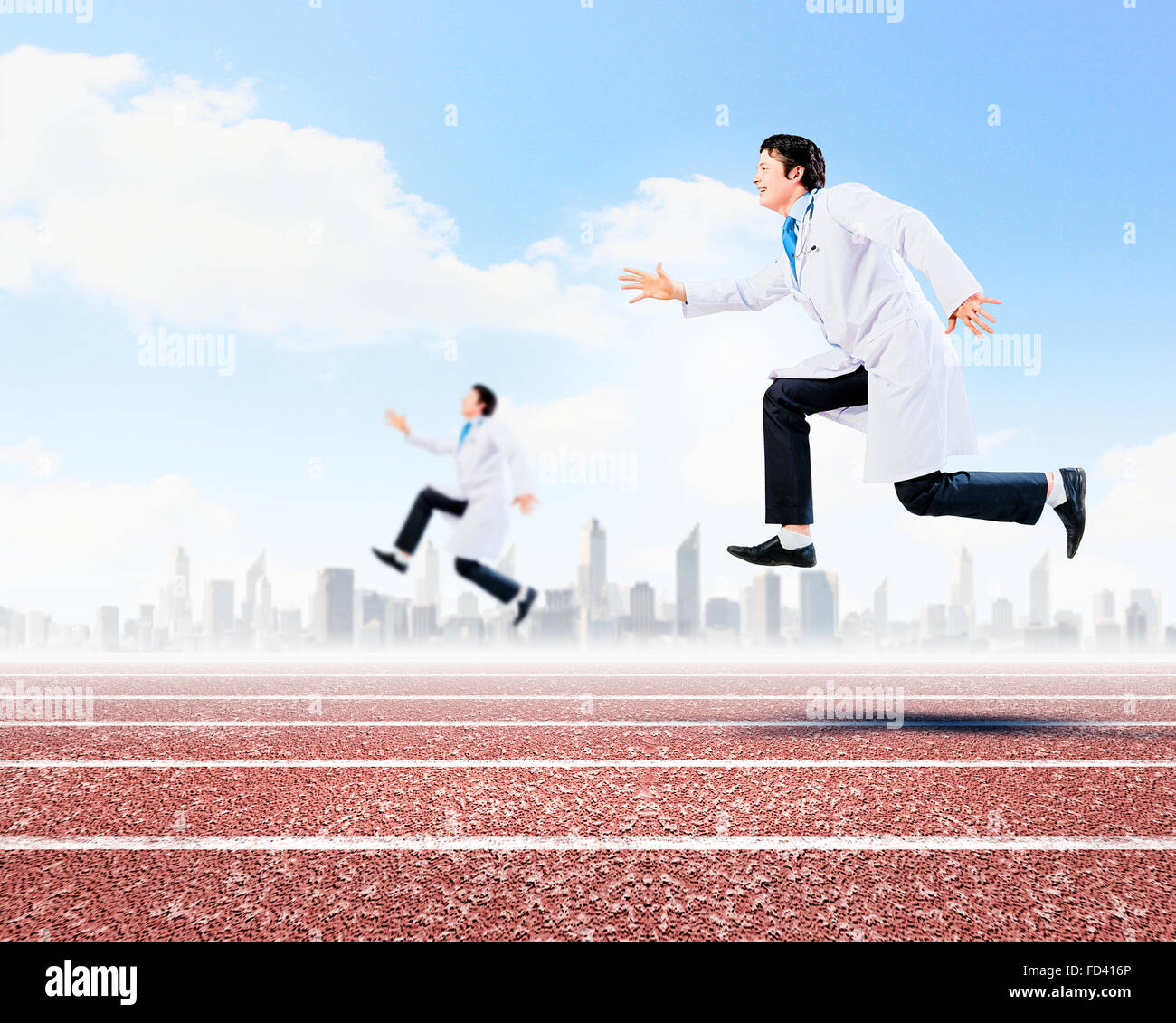 Funny image of young running doctor in white uniform Stock Photo - Alamy