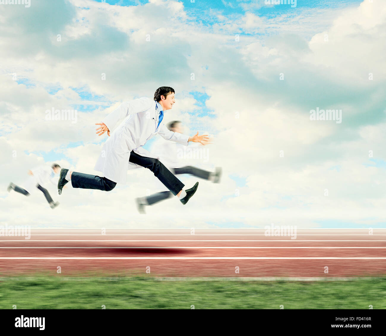 Funny image of young running doctor in white uniform Stock Photo - Alamy