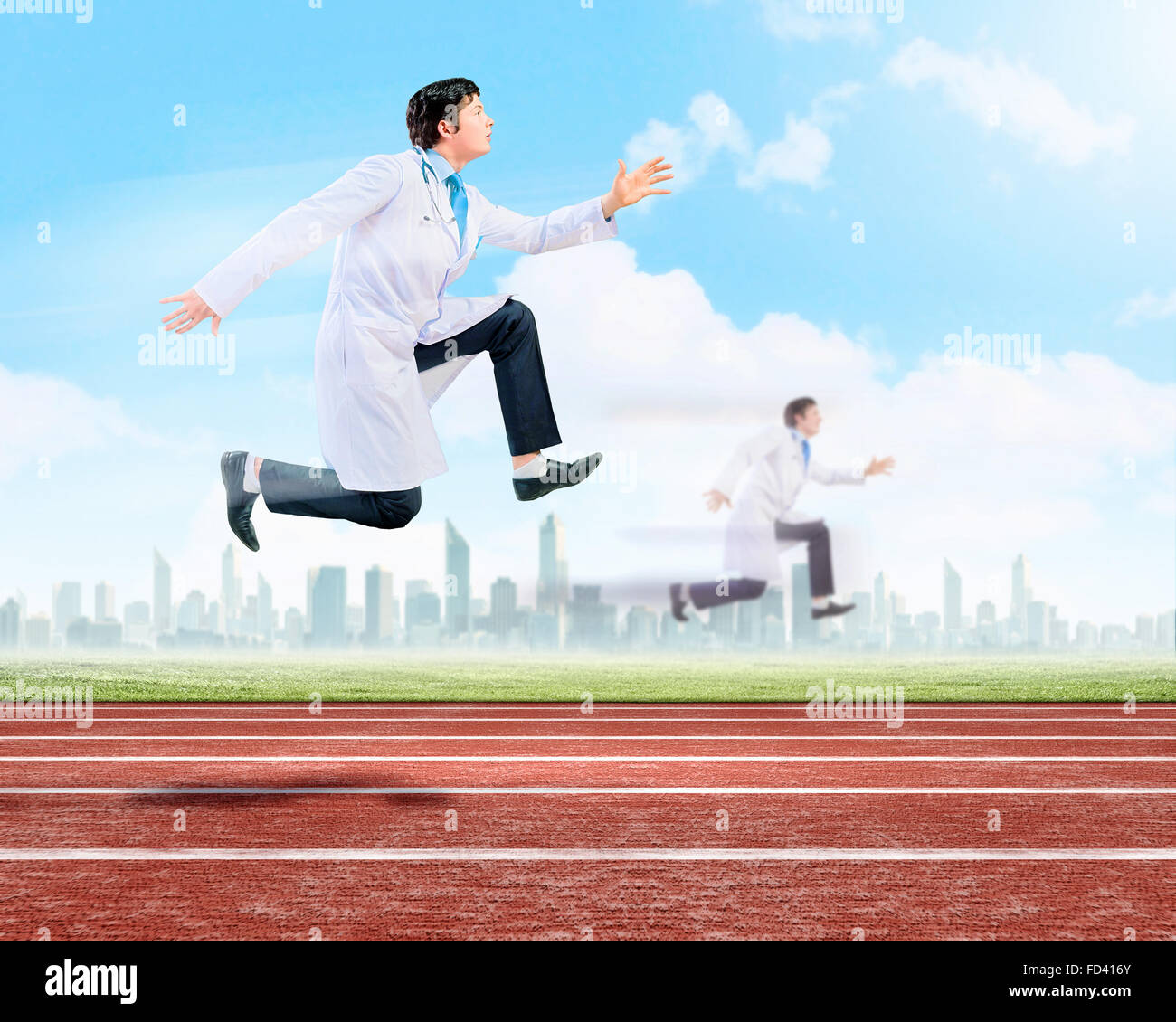 Funny image of young running doctor in white uniform Stock Photo - Alamy