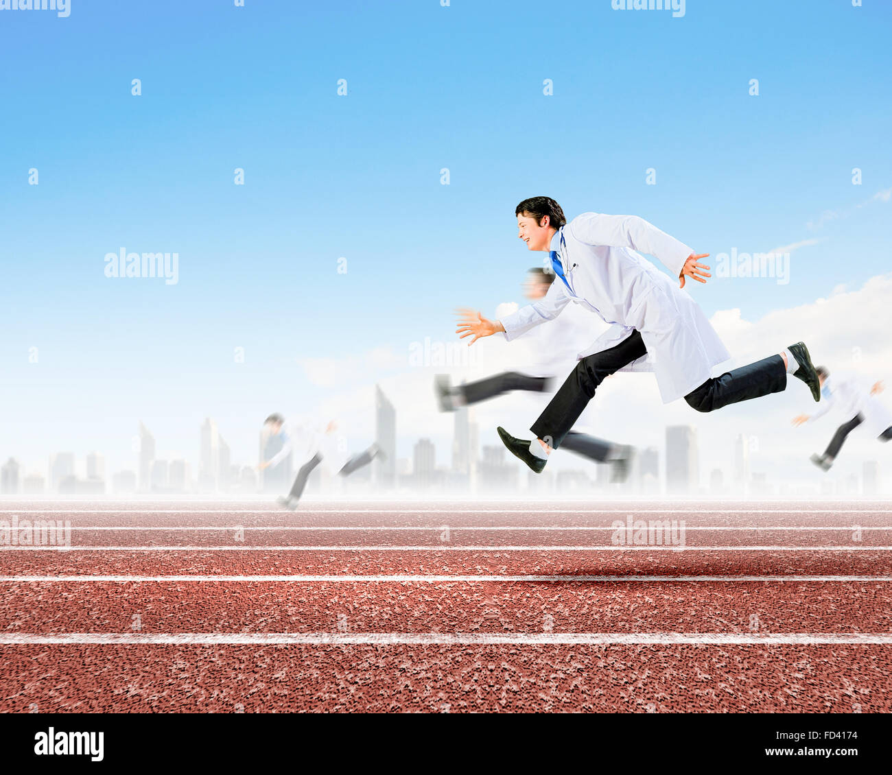 Funny image of young running doctor in white uniform Stock Photo - Alamy