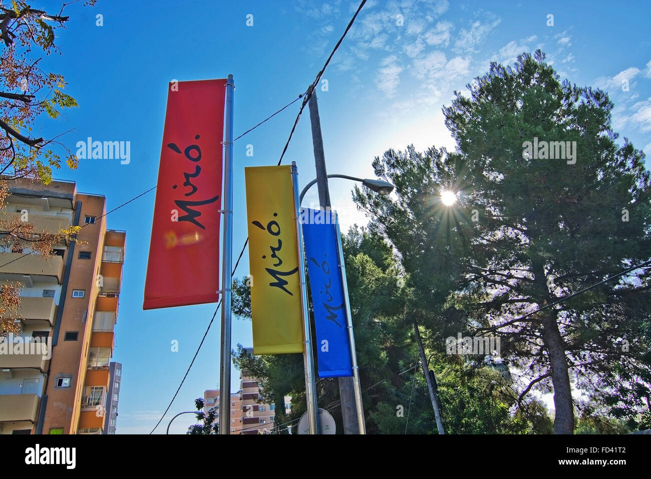 Miro in red yellow and blue flags with sunshine breaking through green ...