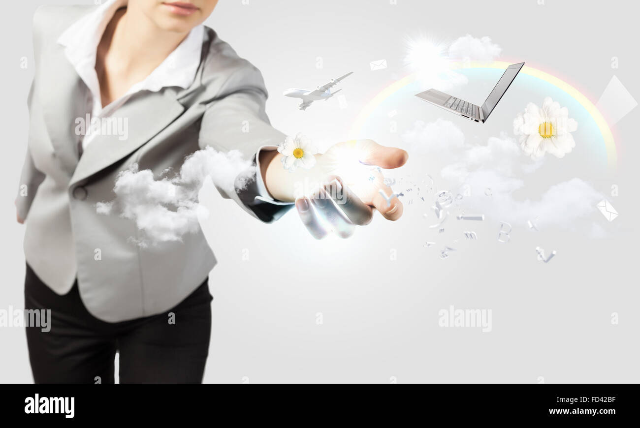 Businesswoman, secretary throwing devices. Office life concept Stock ...