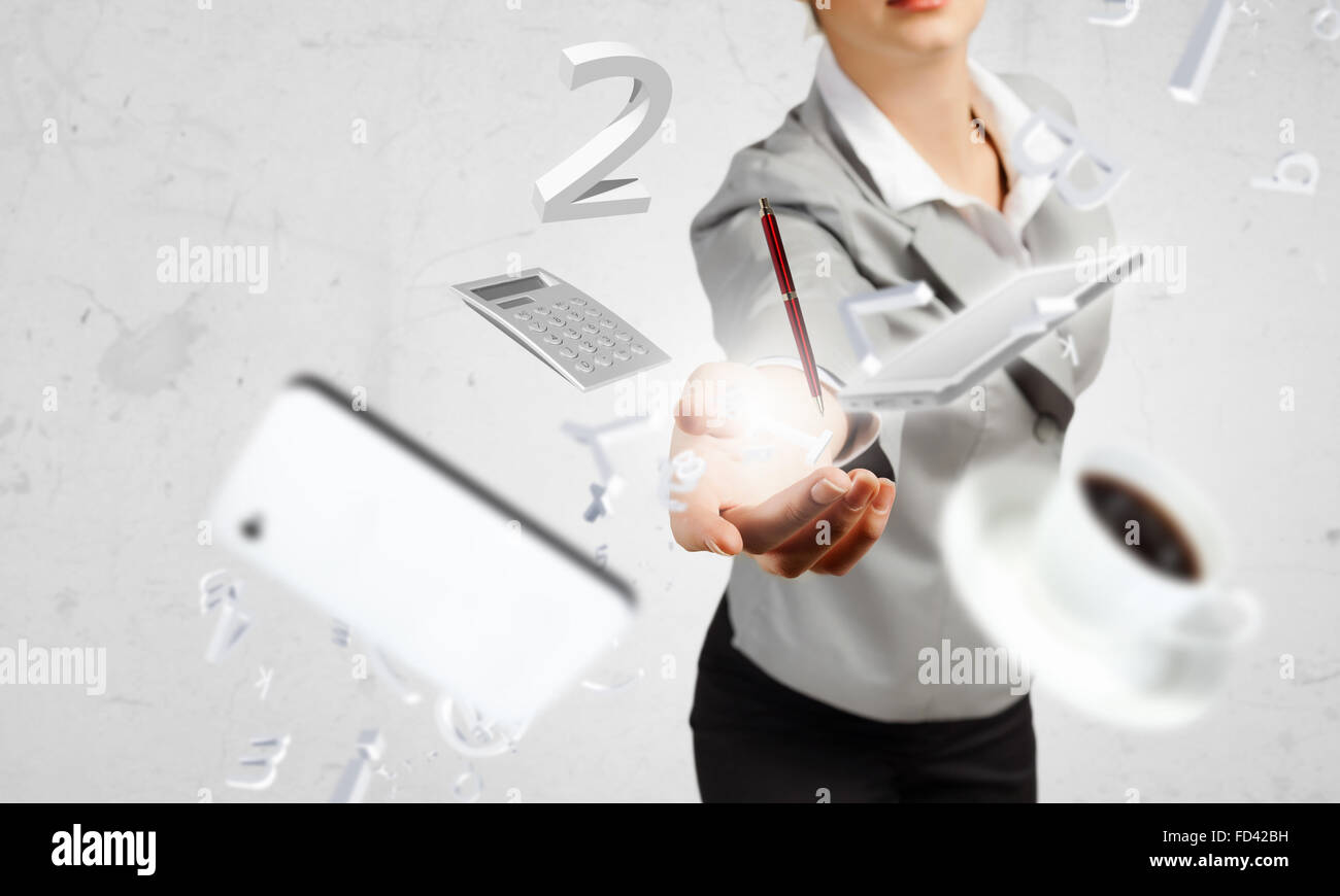 Businesswoman, secretary throwing devices. Office life concept Stock ...