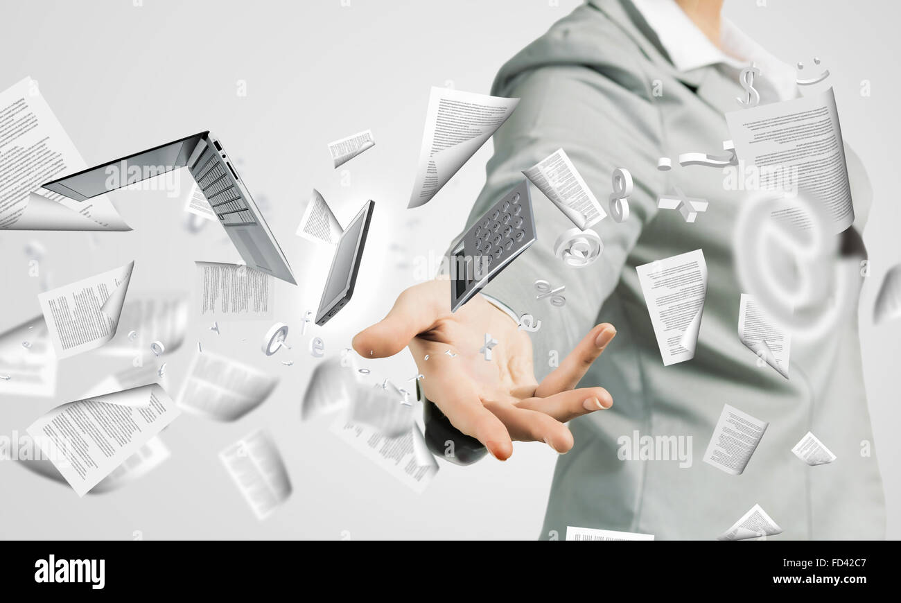 Businesswoman, secretary throwing devices. Office life concept Stock ...